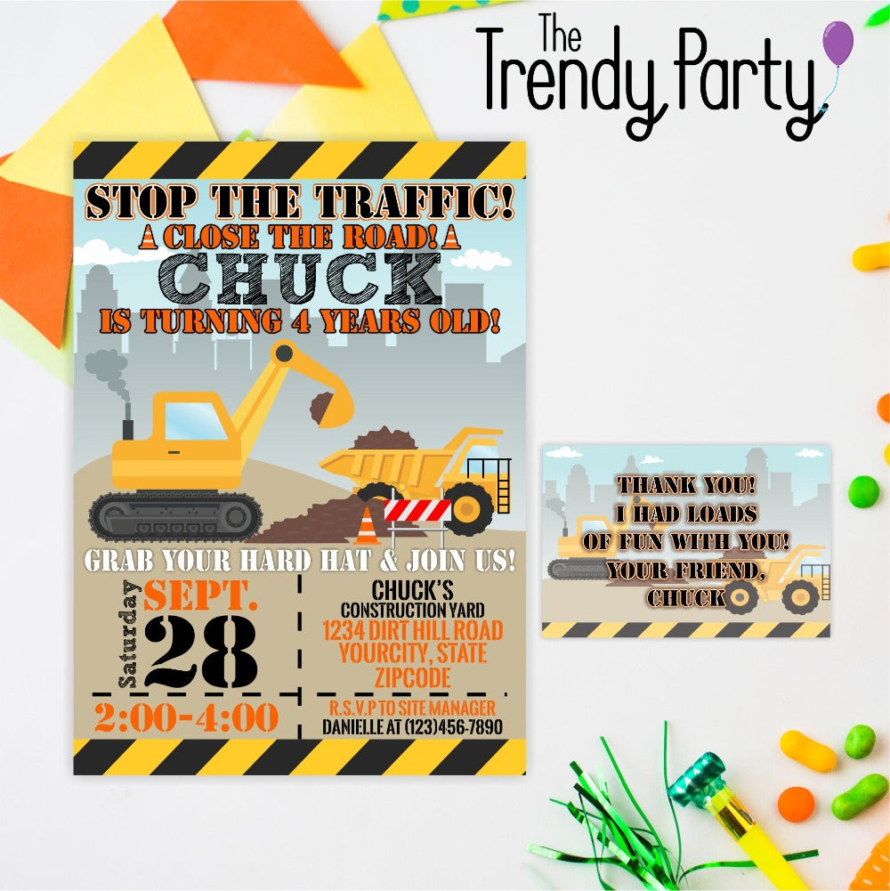 Construction Birthday Party Invitation & Thank You Card – The Trendy Party